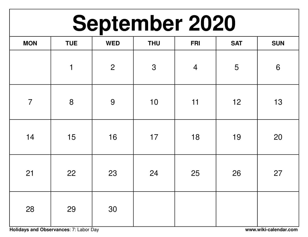 September 2020 Calendar Printable Monday Starting | Paul Smith