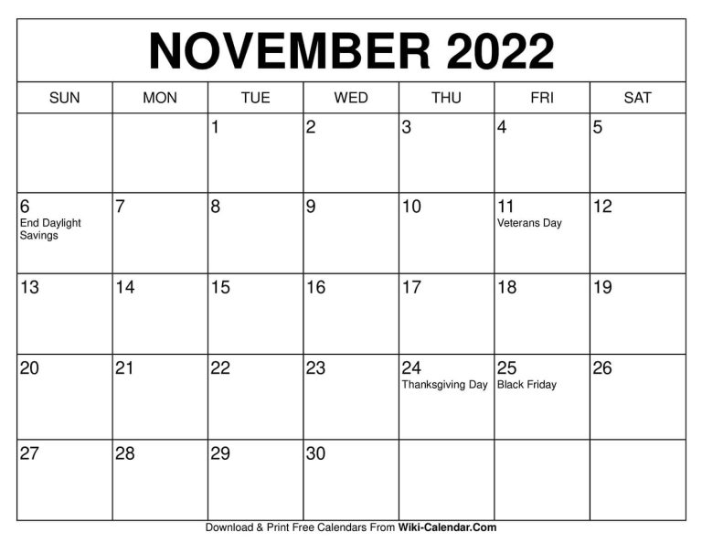 Free Printable November 2022 Calendar - Wiki Calendar