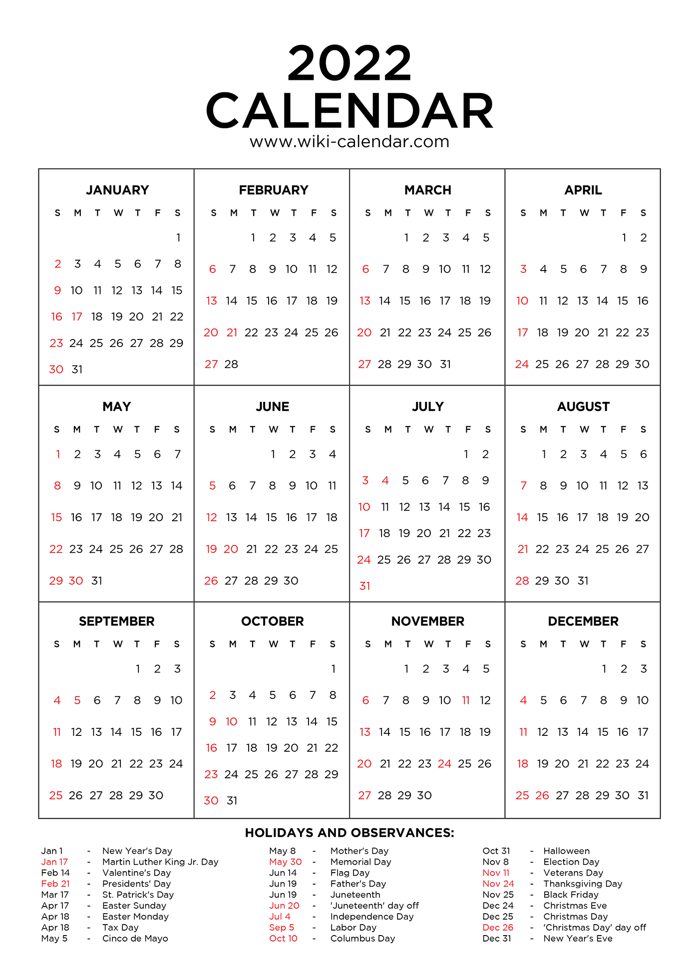 Printable Calendar 2022 One Page With Holidays Single Page 2022 Yearly Blank Pdf Templates 