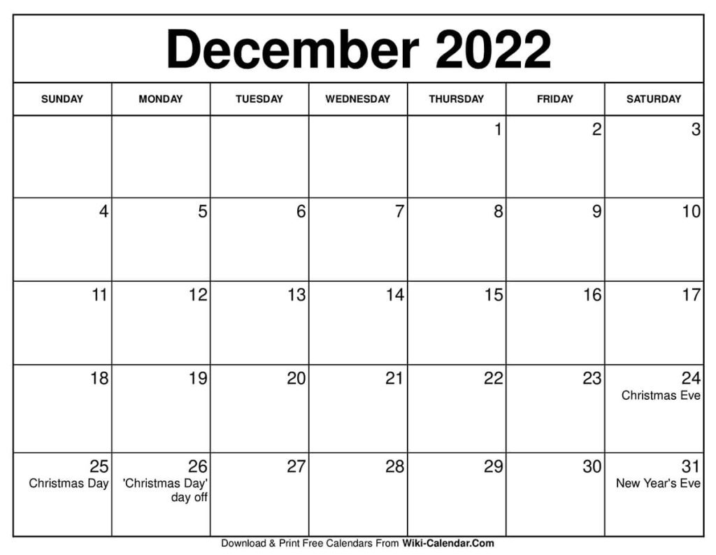 Free Printable December 2022 Calendar Templates With Holidays - Wiki ...