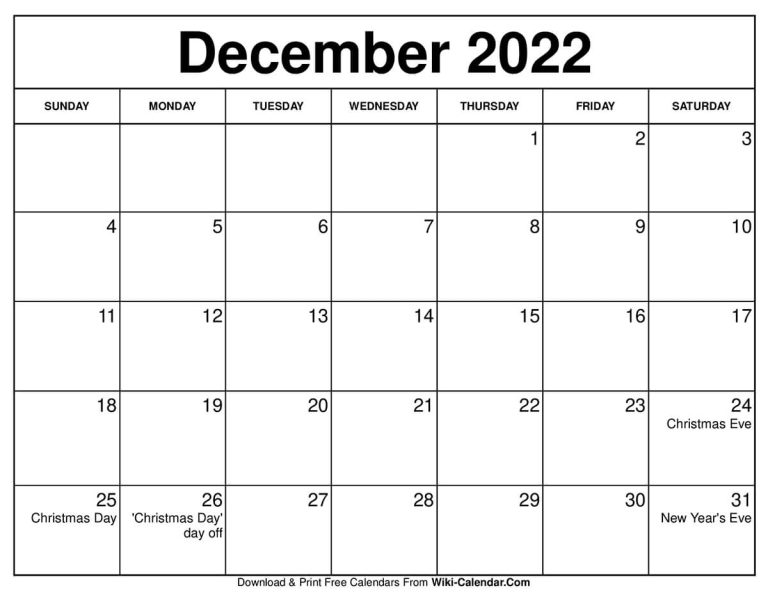 Free Printable December 2022 Calendar Templates With Holidays - Wiki ...
