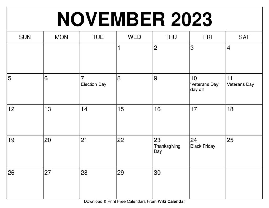 Printable November 2023 Calendar Templates with Holidays - Wiki Calendar