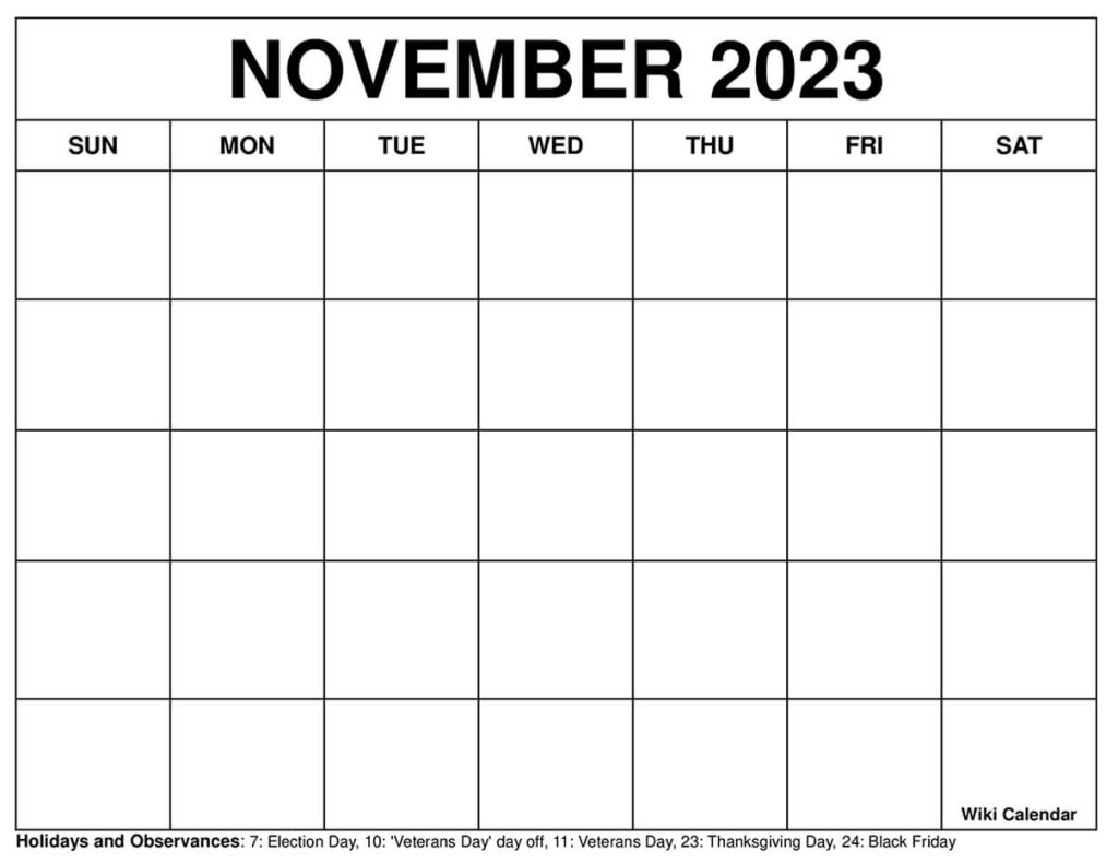 Printable November 2023 Calendar Templates with Holidays - Wiki Calendar