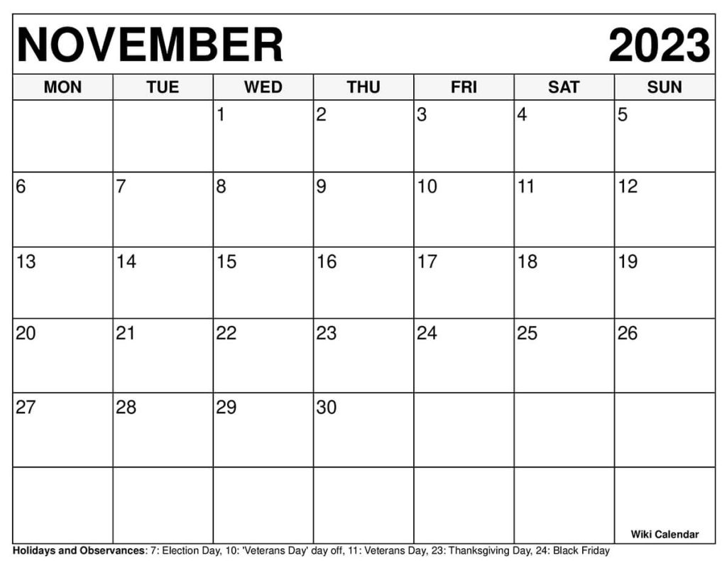 Printable November 2023 Calendar Templates with Holidays - Wiki Calendar