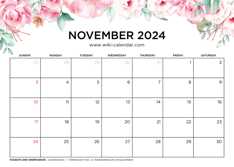 Printable November 2024 Calendar Templates with Holidays - Wiki Calendar