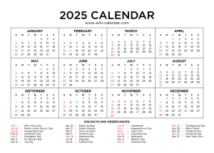 Year 2025 Calendar Printable with Holidays - Wiki Calendar