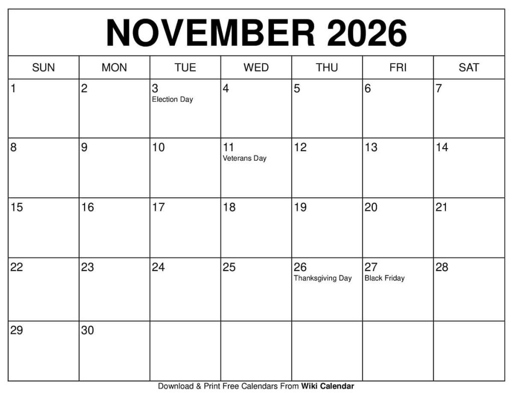 November 2026 Calendar - Printable Templates & More